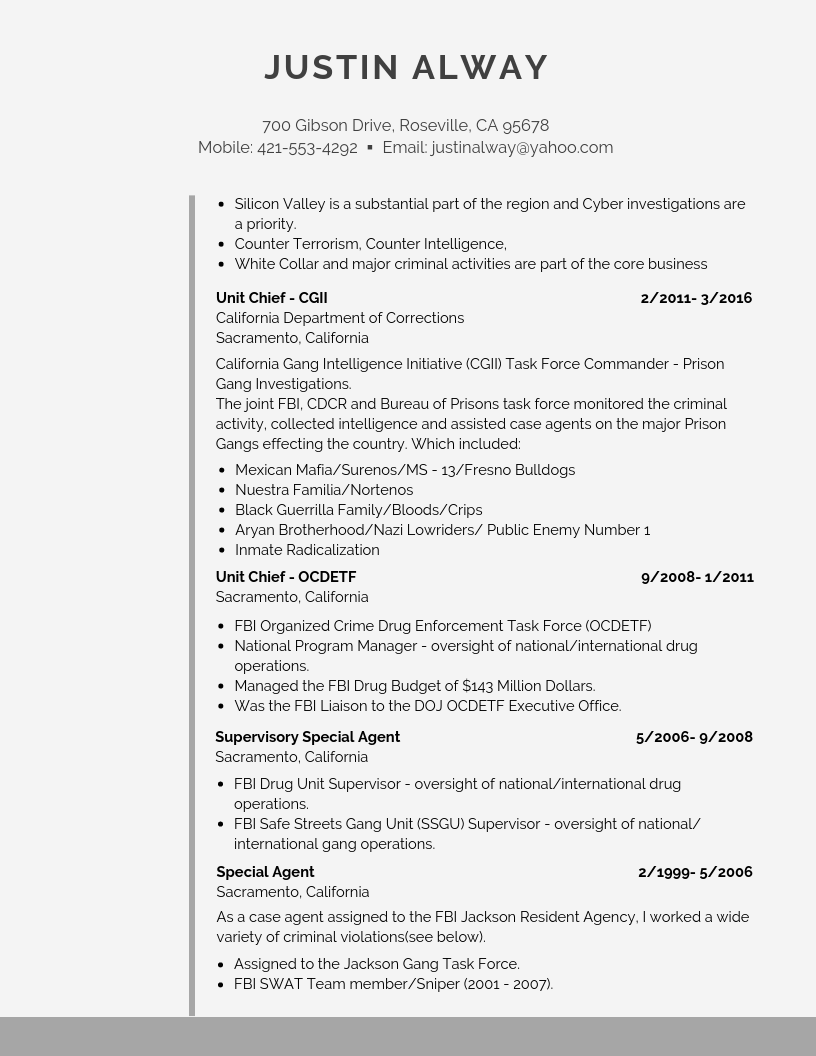 Federal Resume Template Format Fbi
